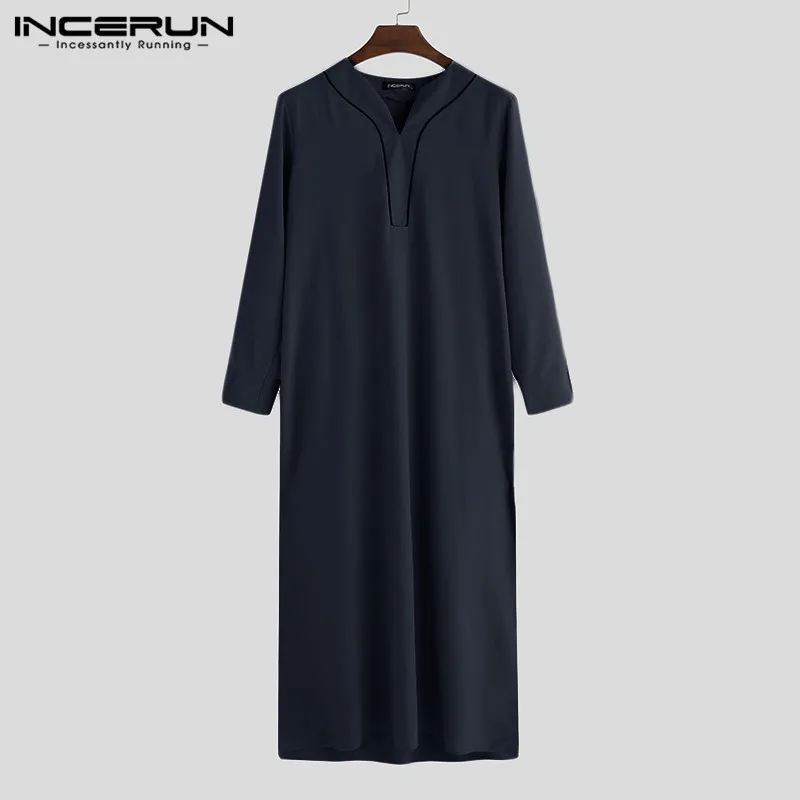 INCERUN мужской исламский арабский сплошной цвет мужской длинный рукав ...