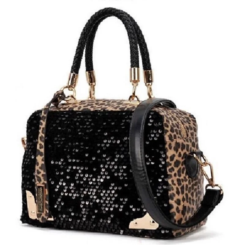 Leopard Handbag Shiny black European Fashion women leopard handbag ...
