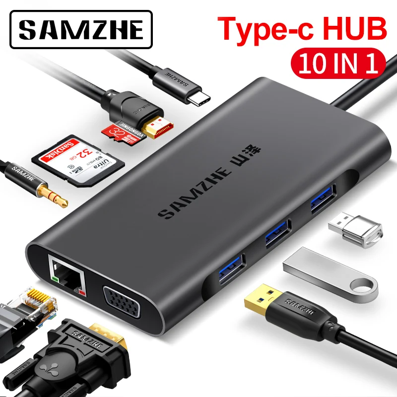 SAMZHE HUB USB tipo C a HDMI RJ45 adaptador de lector de tarjetas para ...