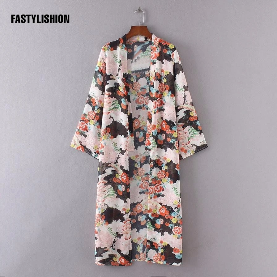 Buy Flower Chiffon See Through Maxi Kimono Summer Long Sleeve Plain Tops 2017