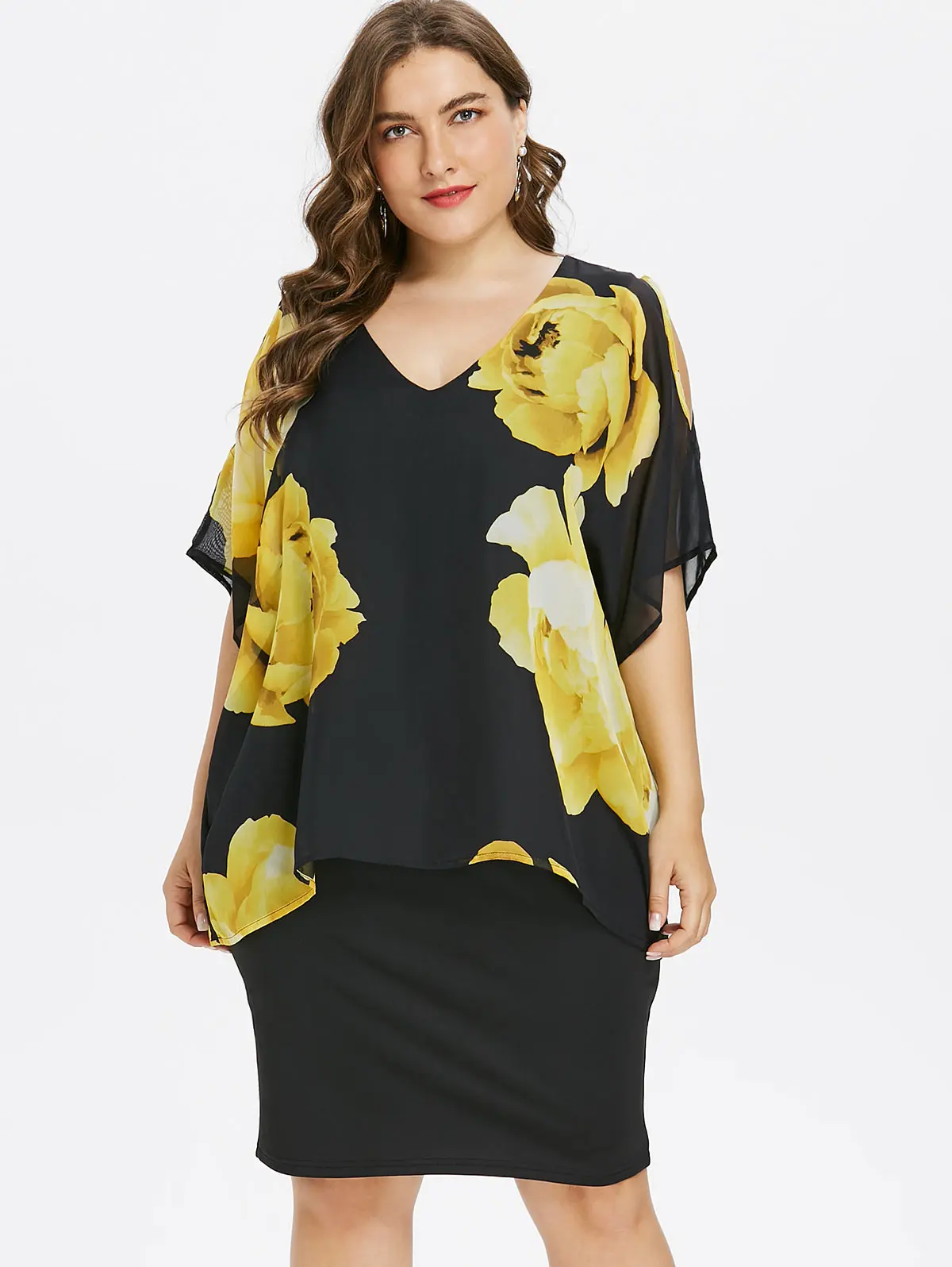 Gamiss Plus Size Women Dresses Floral Print Bodycon Chiffon Dress