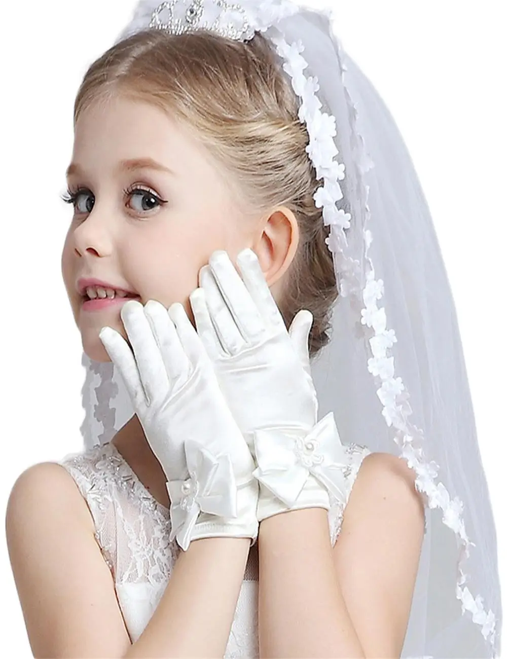 White Flower Girl Gloves Full Finger Stain With Bow Peals Girls Gloves ...