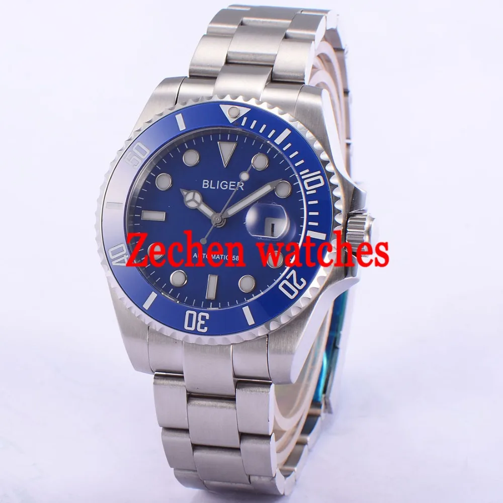 43mm Bliger Date Day Sapphire blue dial Glass Automatic Mechanical ...
