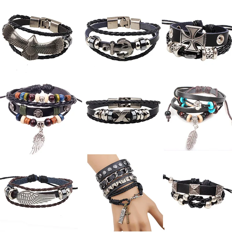 New Retro rope leather mens bracelets leather rope hand woven bracelet ...