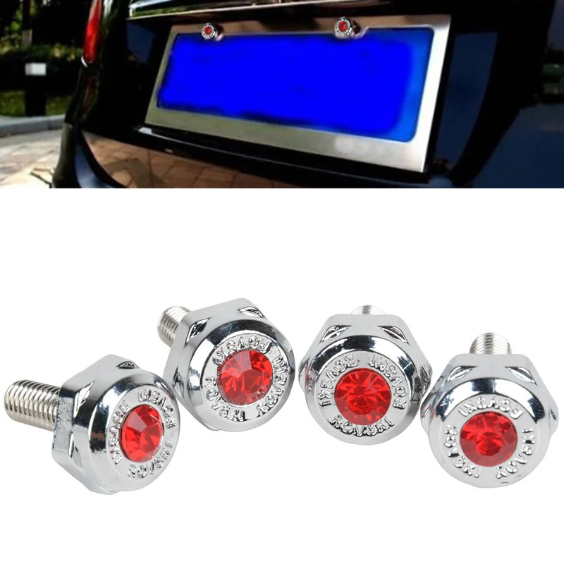 4pcs/Set Universal Red Crystal Car License Plate Frame Bolt Screw Alloy ...