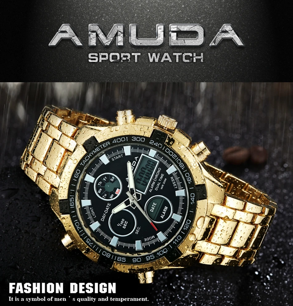 Fashion Watches Men Luxury Brand AMUDA Gold Golden Watches Men Sports ...