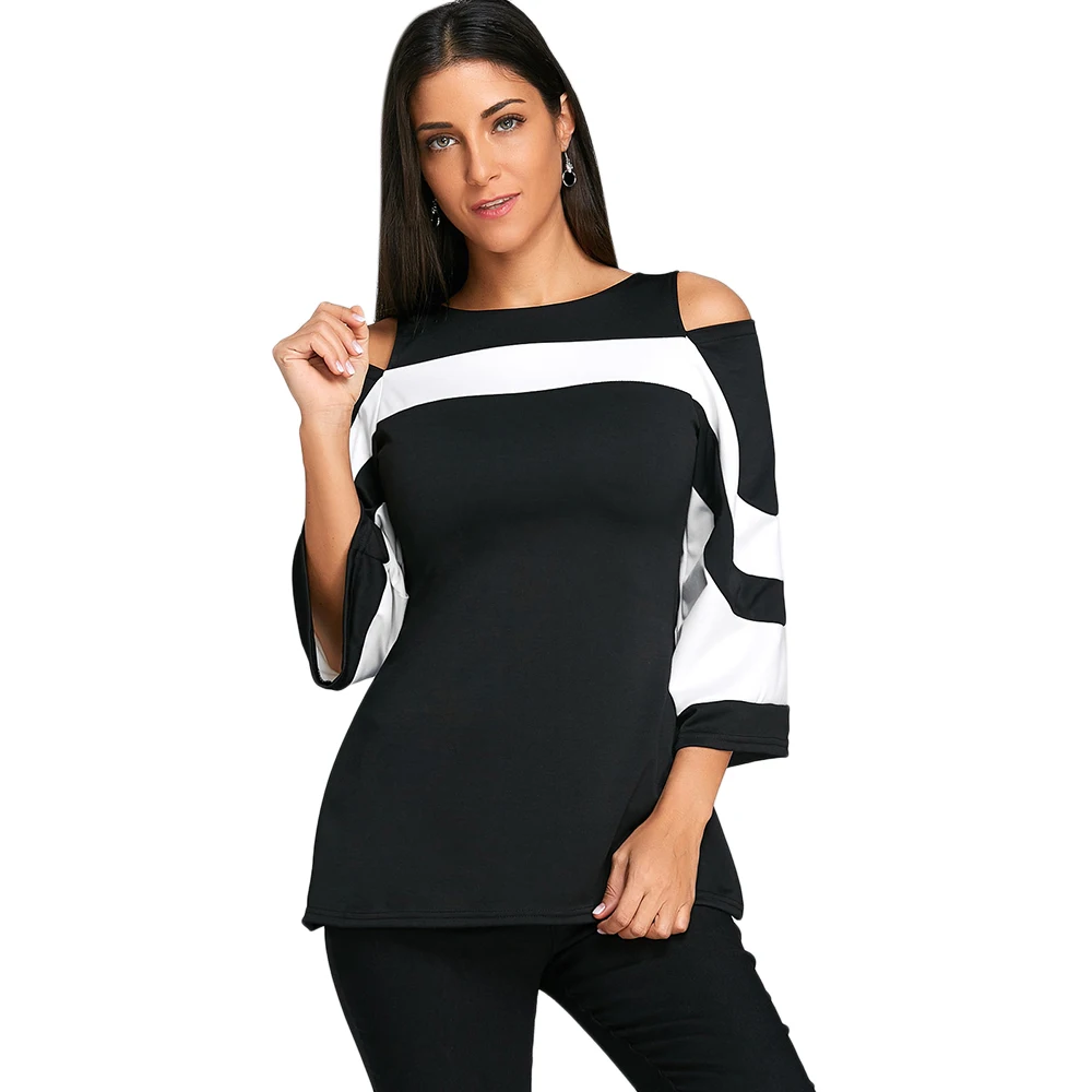 Wipalo Flare Sleeve Cold Shoulder Two Tone Blouse New Women Casual Boat