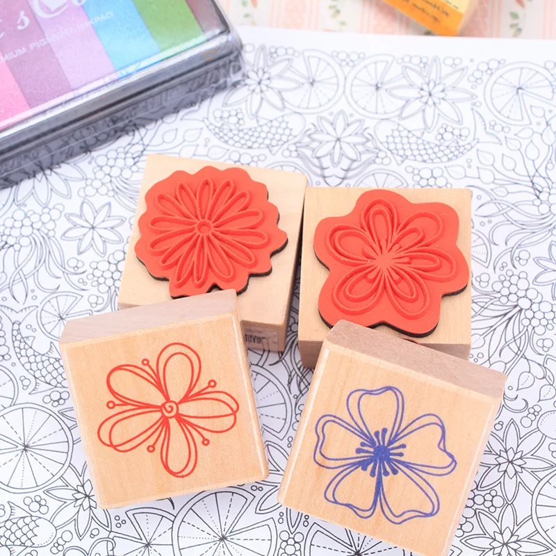 4pcs/set flowers wooden rubber stamp for Kids DIY Handmade Scrapbook ...