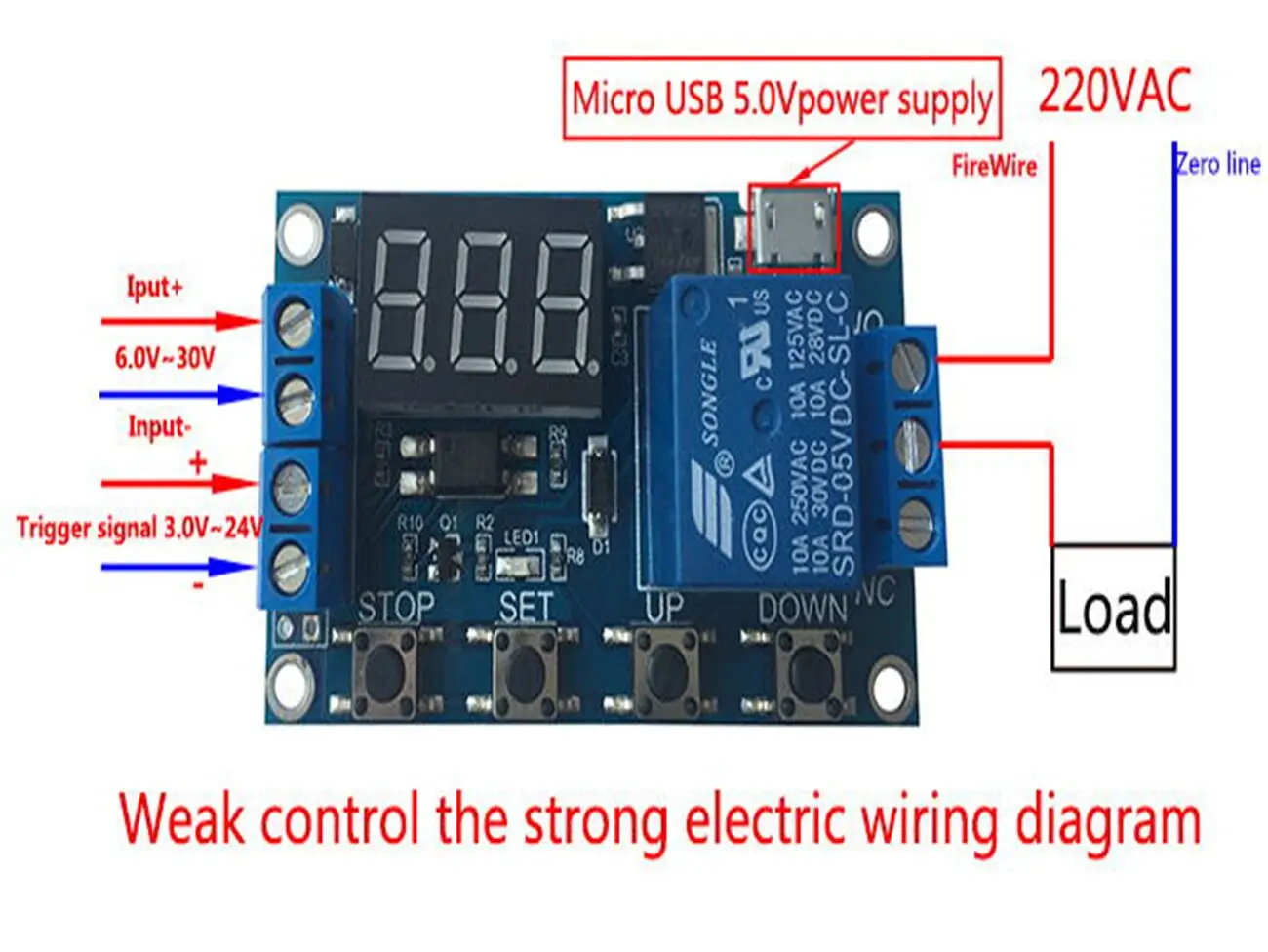 Modul timer programabil DC 6-30V Micro USB 5V cu afisaj display LED