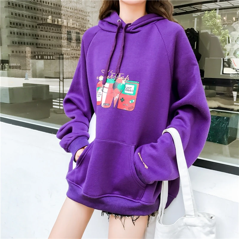 2019fashion Purple Color Print Hoodies Women Hooded Coat Winter