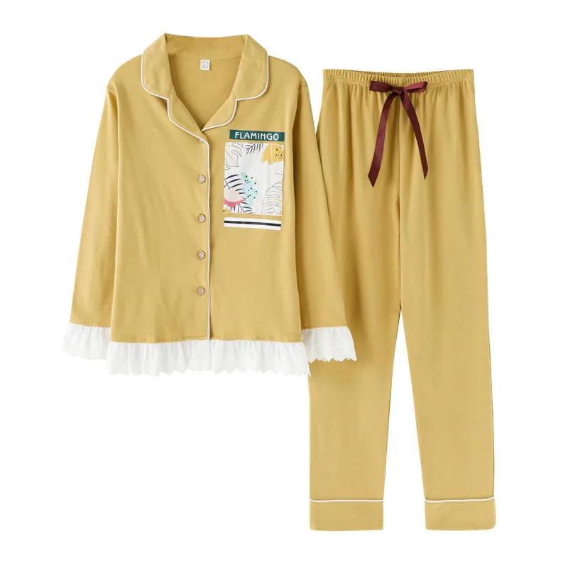 100 Cotton Flamingo Yellow Pajamas Women Fall Winter Sleep Clothes Lace ...