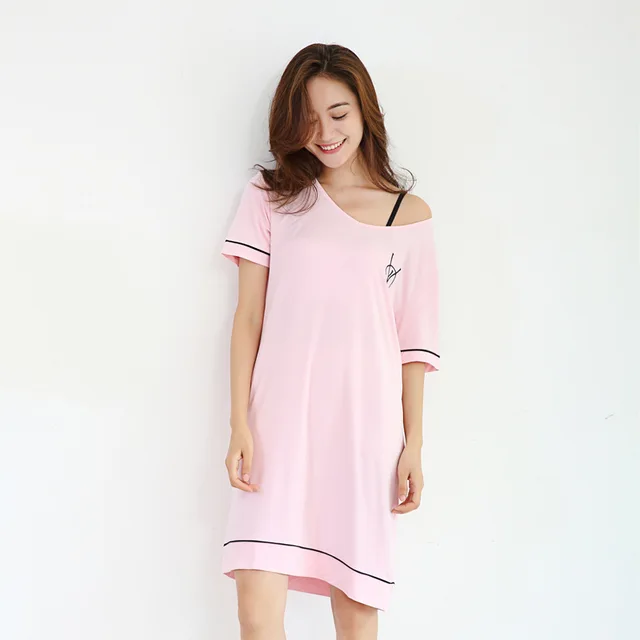Womens Nightgown Summer Modal Nightdress Short Sleeve Negligee Knitted
