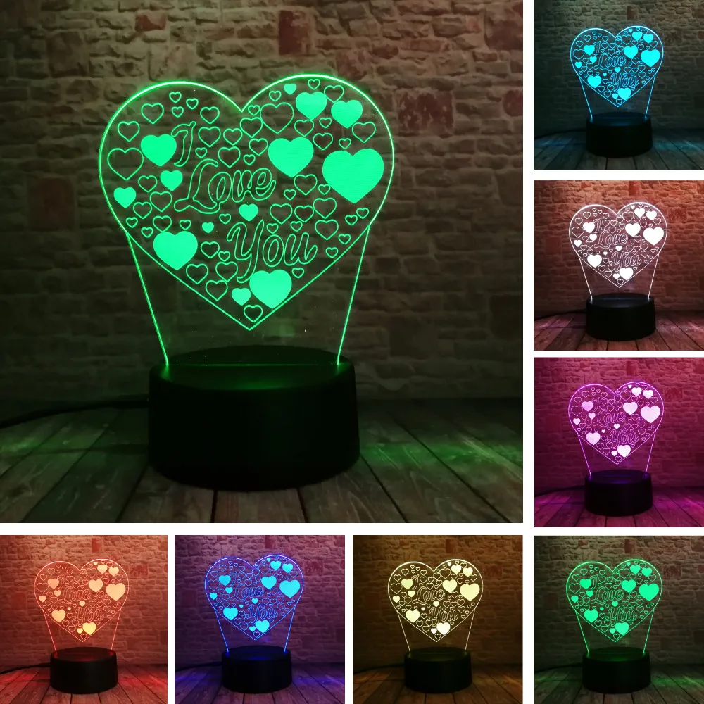 Amroe 3D Illusion Love Heart LED Lamp with I Love You 7 Color Flash RGB ...