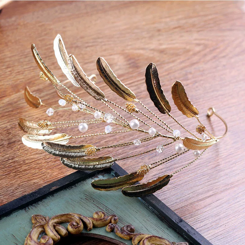 Gold Color Baroque Retro Metal Feather Headband Crown Tiara Brides Hair ...