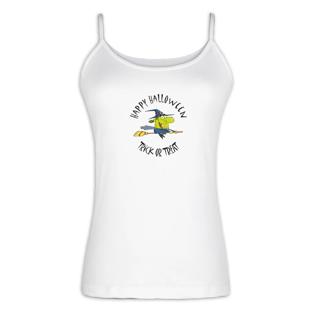 Cartoon Flying Witch Halloween Trick Or Treat Camisole Gray White Tank