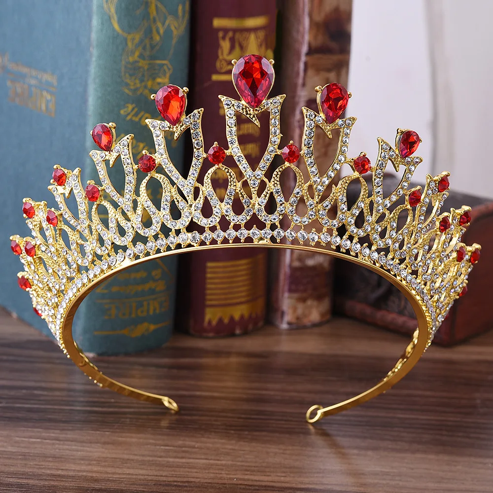 Baroque Gold Red Green Crystal Wedding Crown Queen Tiaras Bride Crowns ...