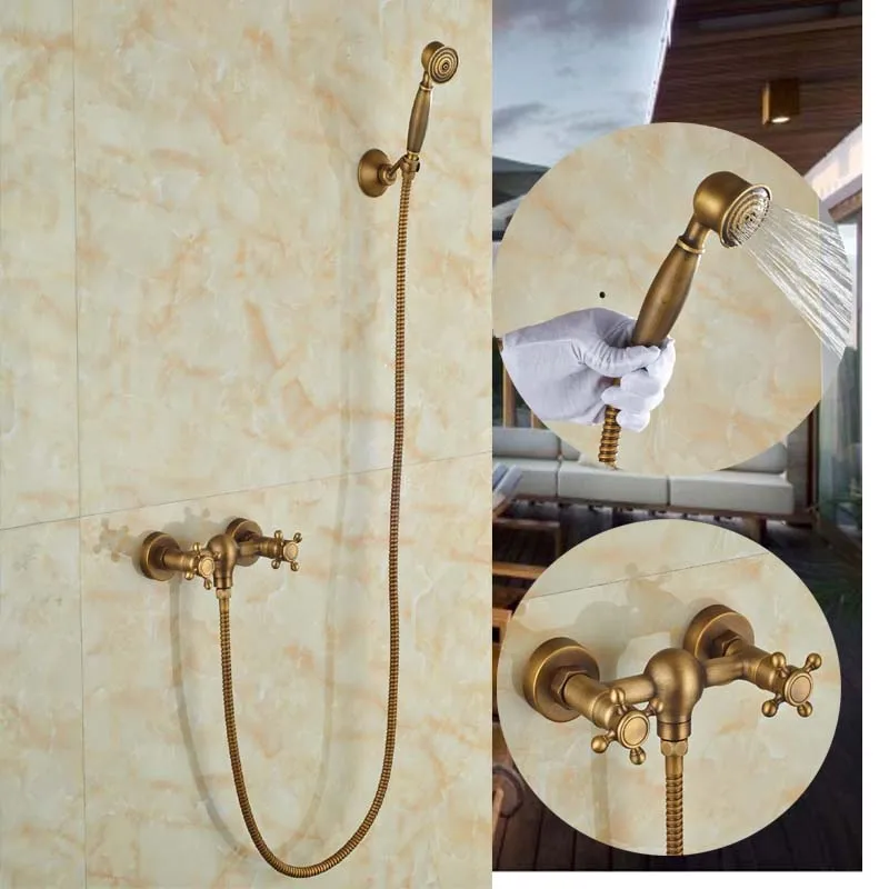 Antique Brass Bathroom Shower Faucet Dual Cross Handles Hand Held