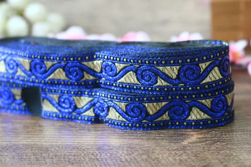 20yards/lots Woven Jacquard Ribbon 2cm Gold Background Blue Geometric ...
