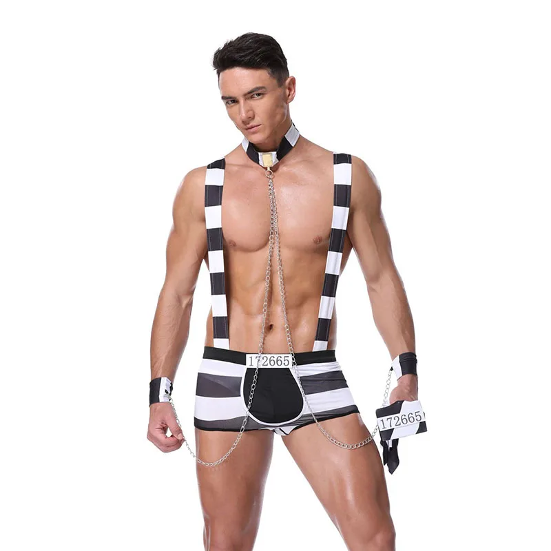 Sexy Male Convict Criminal Zombie Black White Striped Prisoner Costume
