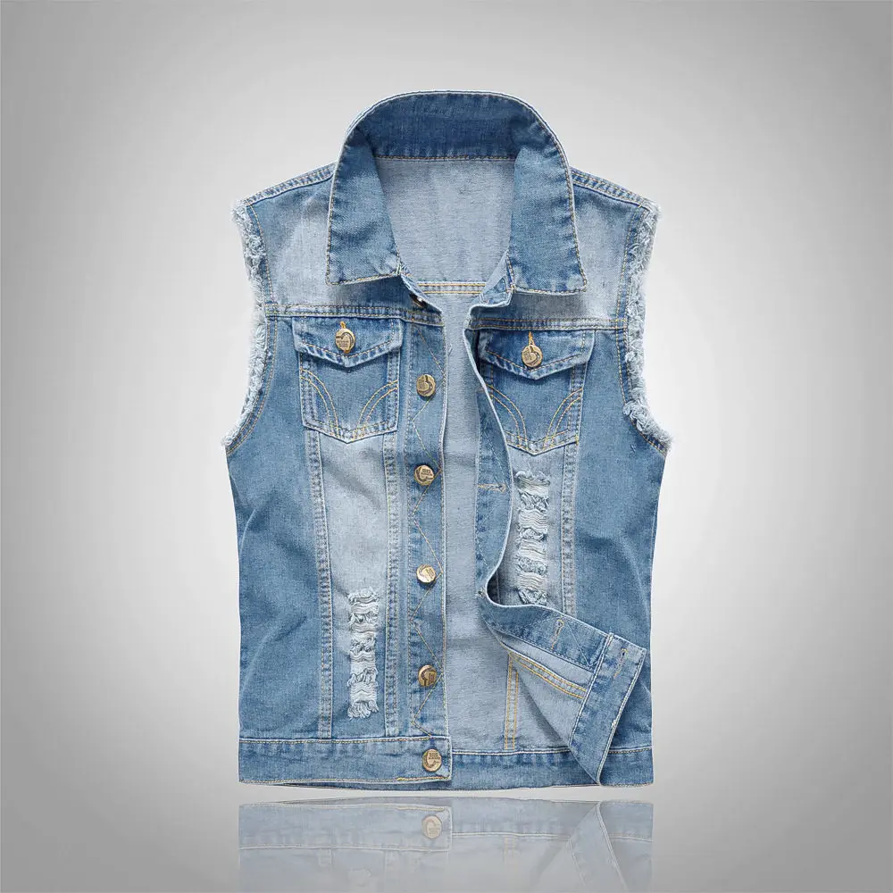 Fashion Denim Waistcoat Men's Slim Cowboy Vests Light Blue Hole Cowboy ...