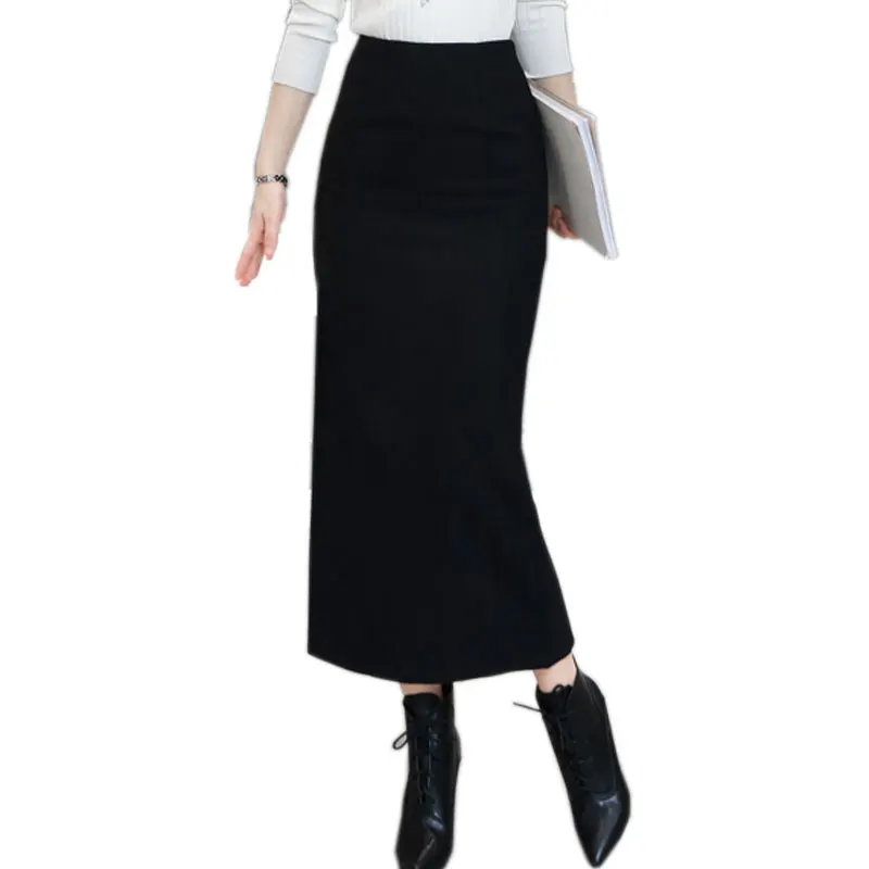 Ladies Elegant Winter Maxi Skirts Women Woolen Long Skirt High Waist Wine Red Slim Split Black