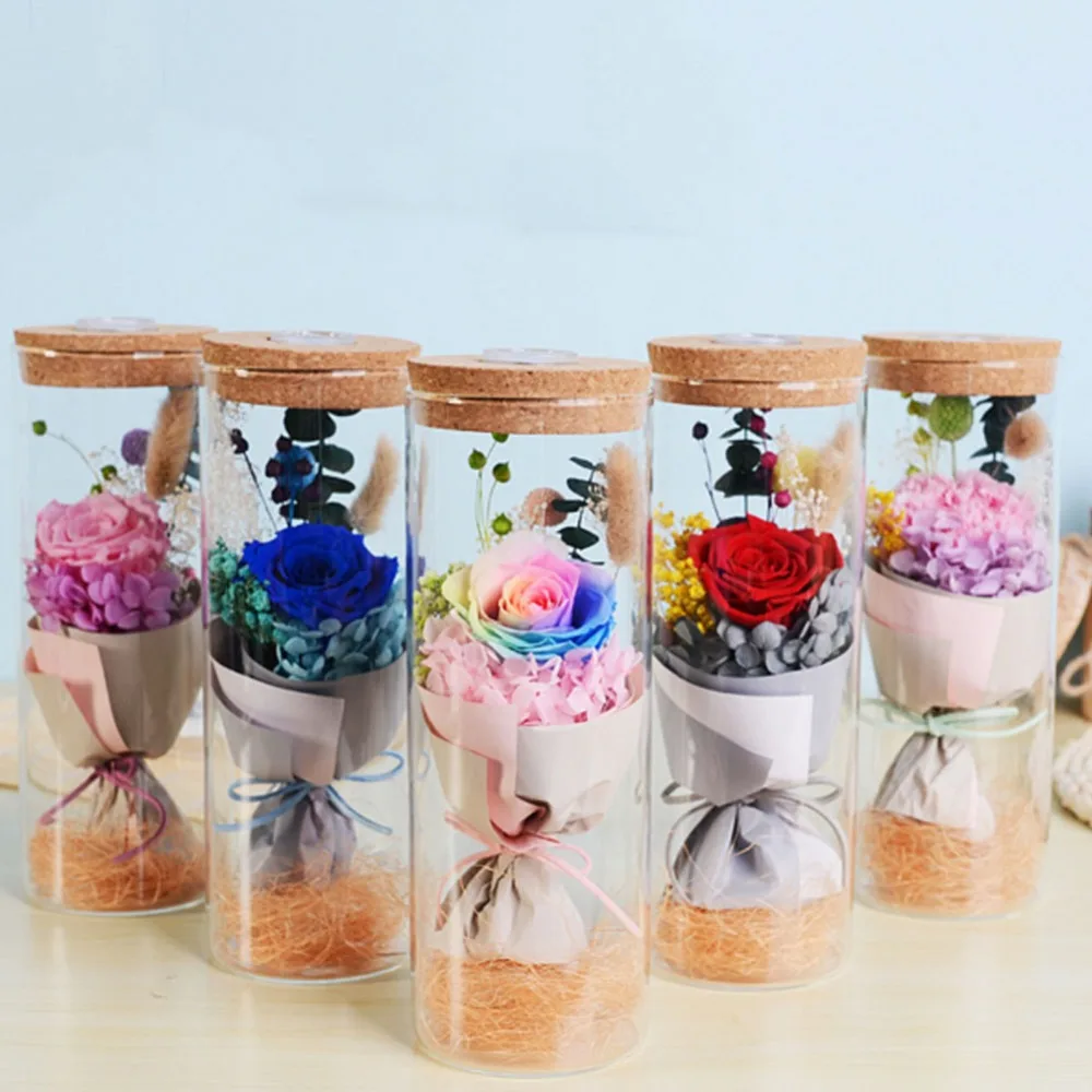 Luminous Preserved Rose Fresh Flower Crystal Glass Cover Floral Decor 5 Color Glass Fresh