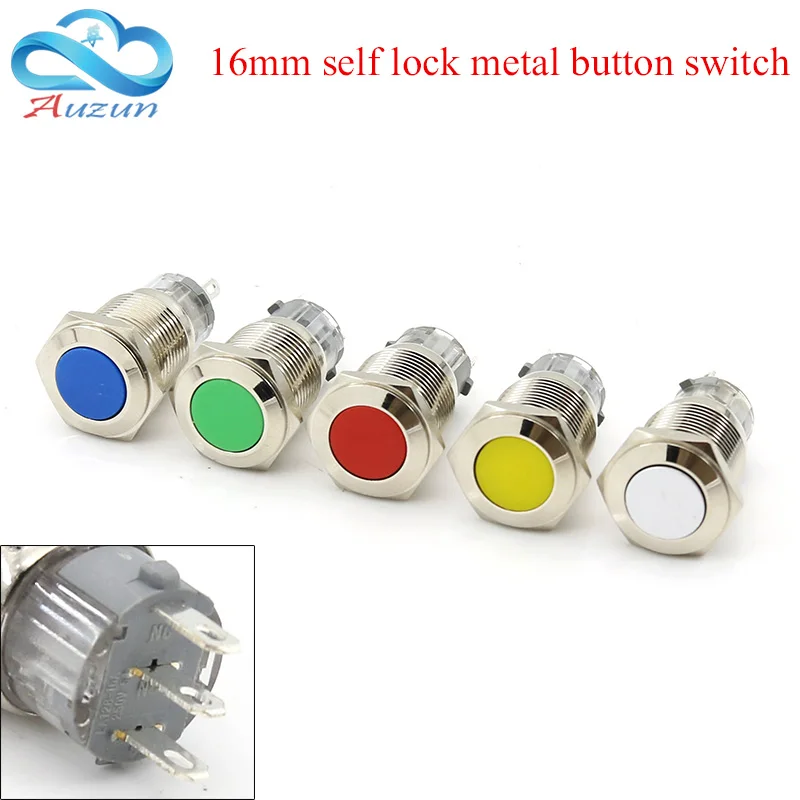 16 mm metal button switch flat head self locking button 3A red and ...