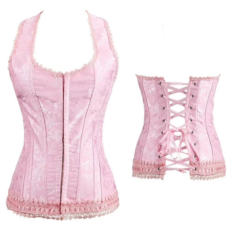 Buy Pink Halter Corset Top Lace Flower Print Overbust