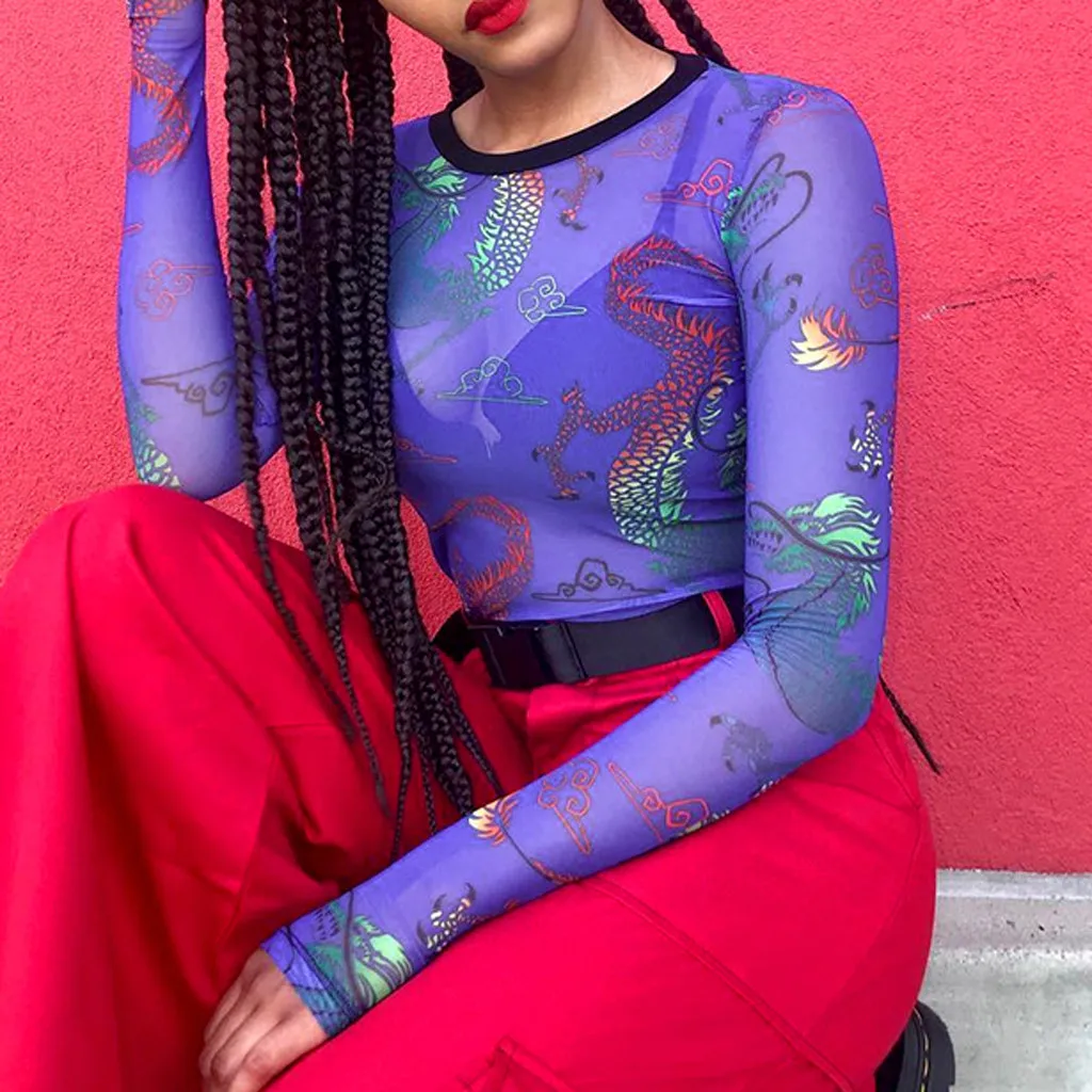 Women Mesh Perspective Sexy T Shirts Long Sleeve Dragon Pattern Print ...