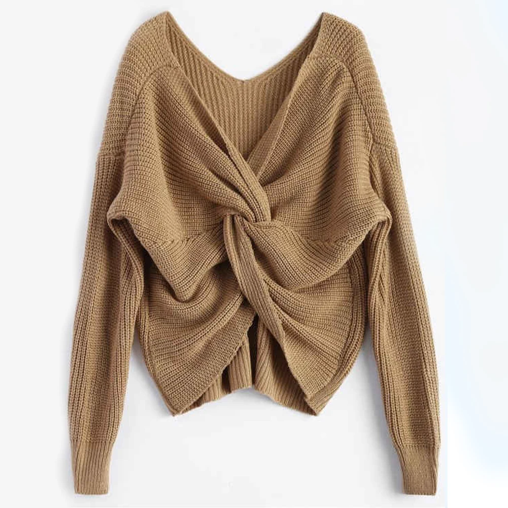 Модный весенний женский трикотажный свитер с открытой спиной и глубоким ...