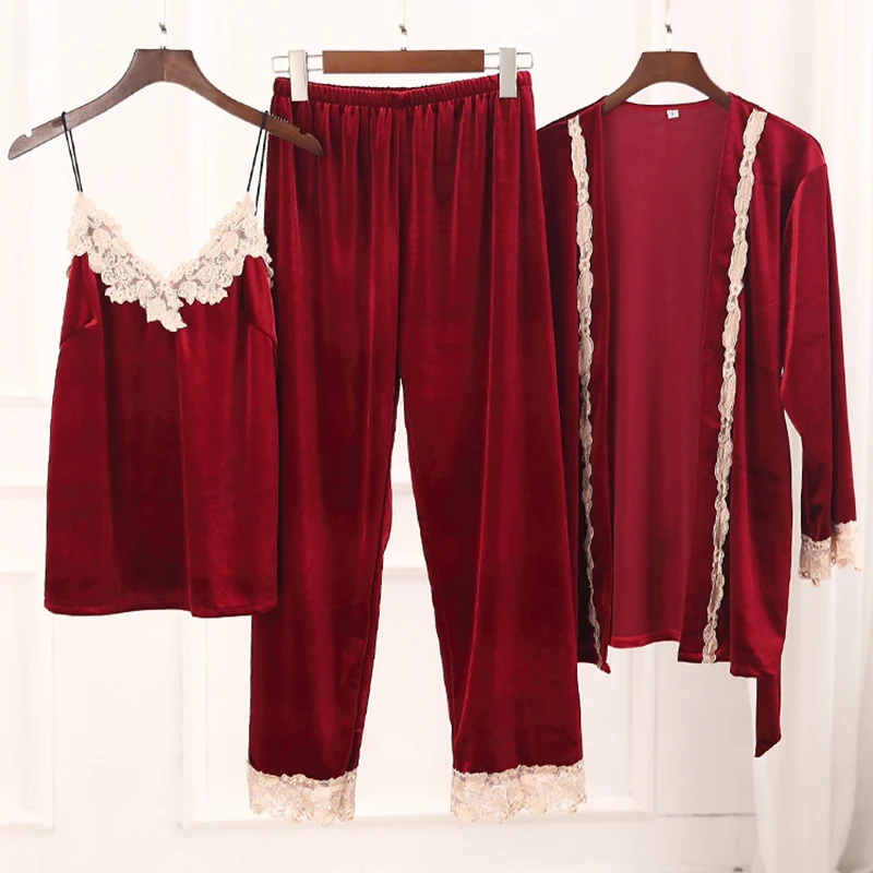 2017 autumn and winter velvet pajamas three piece female suspenders ...