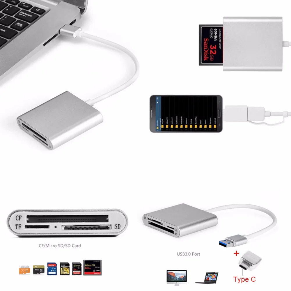 Type C/USB 3.0 OTG High Speed CF SD Micro SD Card Reader For PC Laptop ...
