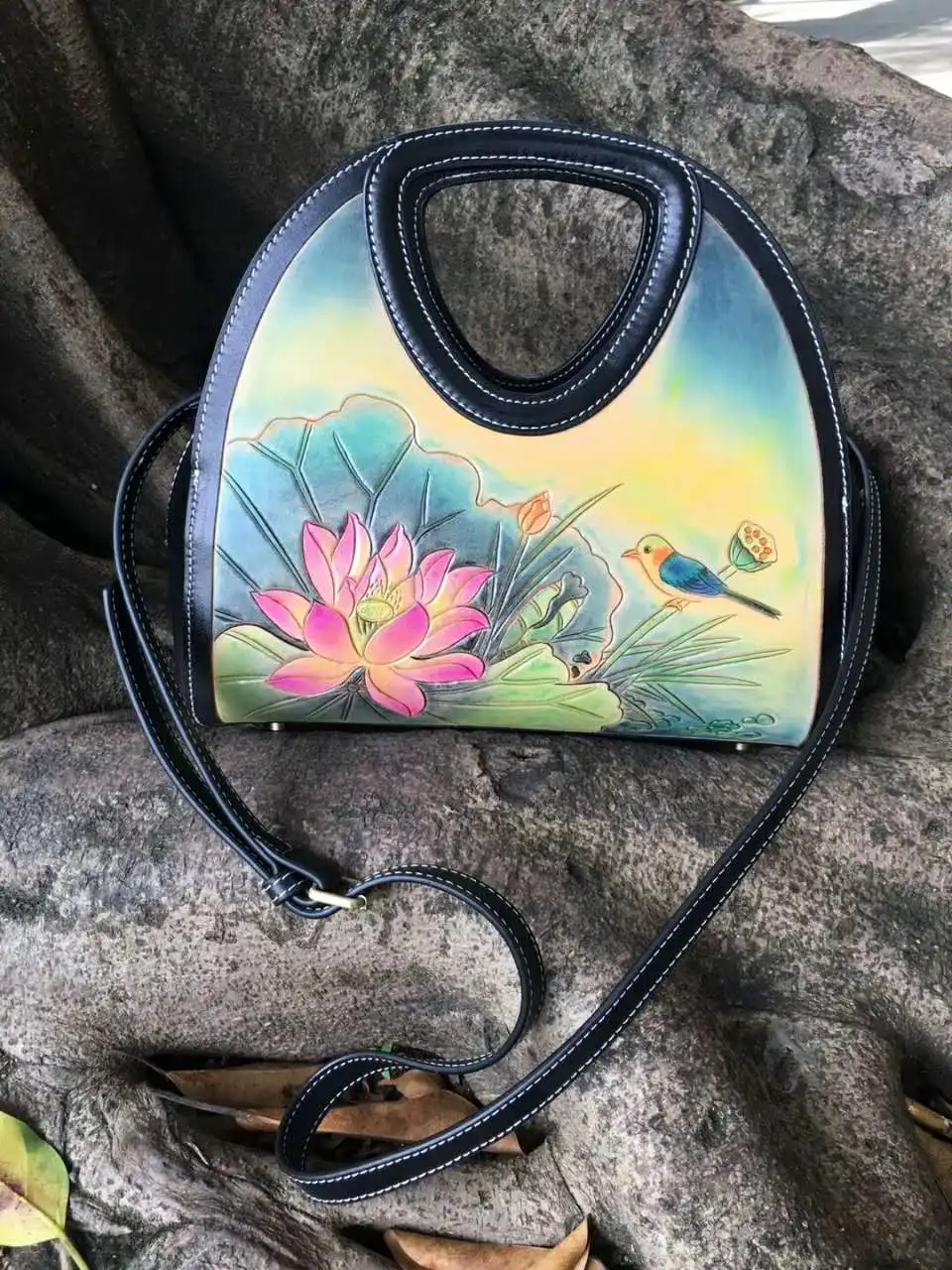 handmade carving lotus flower pattern women leather handbags lady ...