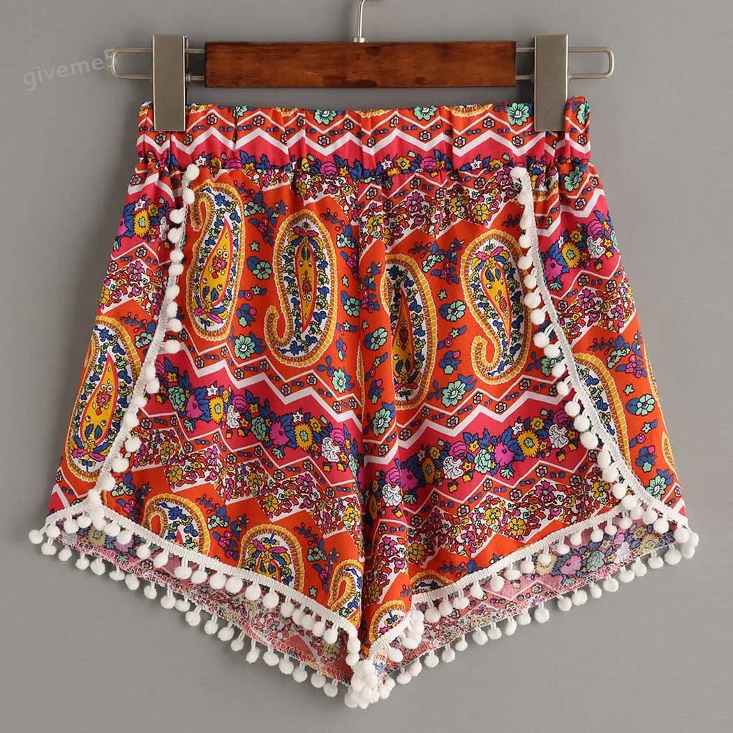 Summer Style Women Short Trousers Casual Elastic Waist Print Tassel ...