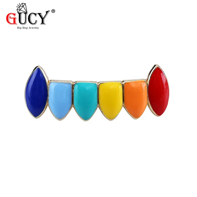 GUCY Hip Hop Gold Tekashi 69 Rainbow Teeth Grillz Top&Bottom Colorful ...