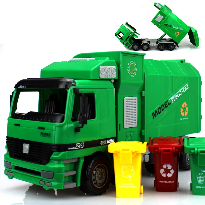 Large size garbage truck plastic inertia toy with 3pcs trashes ...
