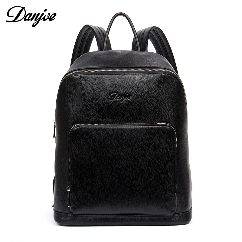 DANJUE Men Genuine Leather Backpack Black Real Cowhide School Laptop ...