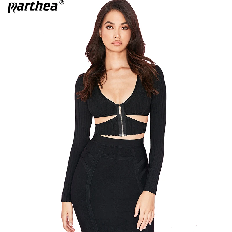 Parthea Bandage Cut Out Cropped Tops Autumn Long Sleeve Sexy Black