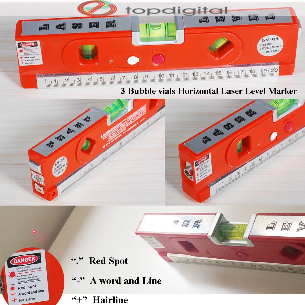 3 Bubble vials Horizontal Laser Level Marker Measuring Tape Plumb and ...
