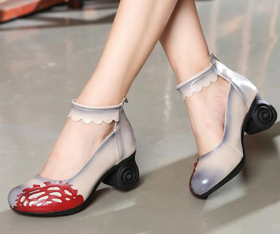 National Style Spring and Summer Leather Flowers High Heel Women's ...