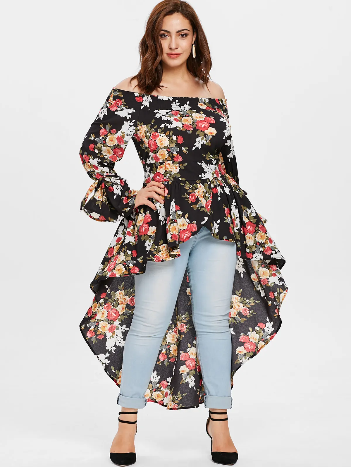 Wipalo Plus Size 5xl Off The Shoulder Asymmetrical Floral Maxi Blouse
