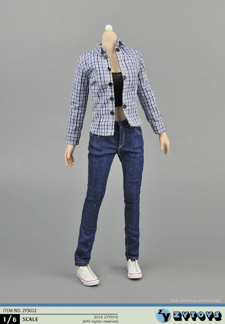 1 6 Scale Female Clothes Suit Zy5012 Womens Blue Plaid Shirt And Jeans
