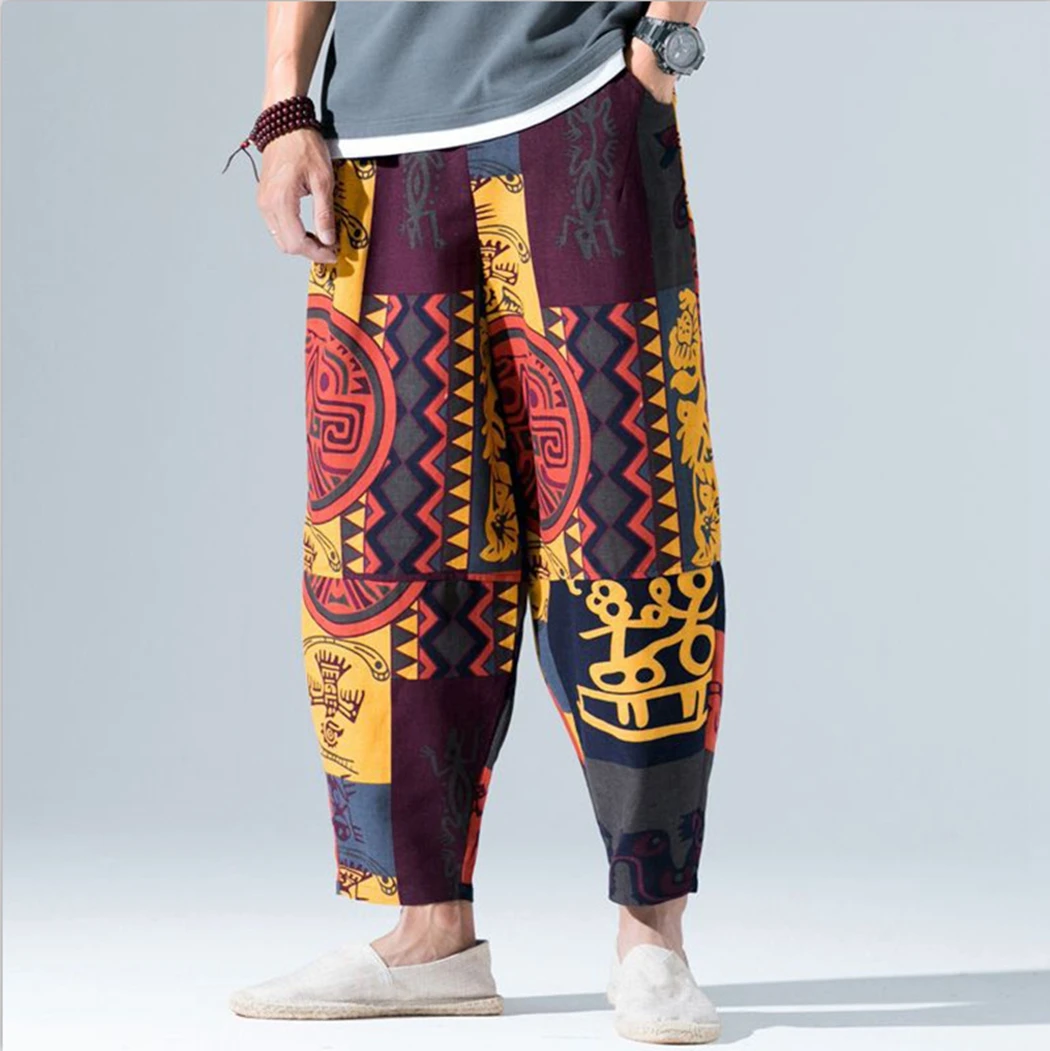 Mens Harem Pants Summer Cotton Linen Print Hip Hop Pants Jogger Plus Size 5XL Casual Loose Baggy ...