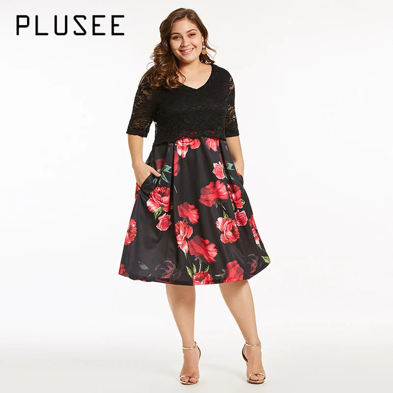 Plusee Women Dress Plus Size 8xl Women 2018 Summer A Line V Neck High