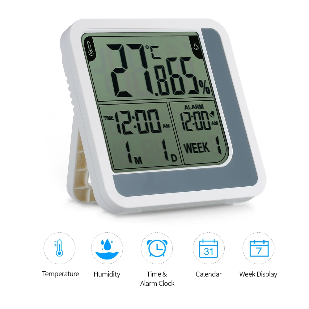 Digital LCD Room Temperature Humidity Gauge Meter Alarm Clock Indoor ...
