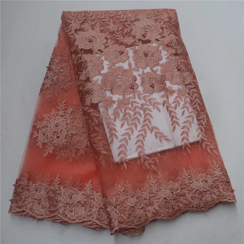 Peach Color French Lace Fabrics With Beads And Stones African Tulle ...