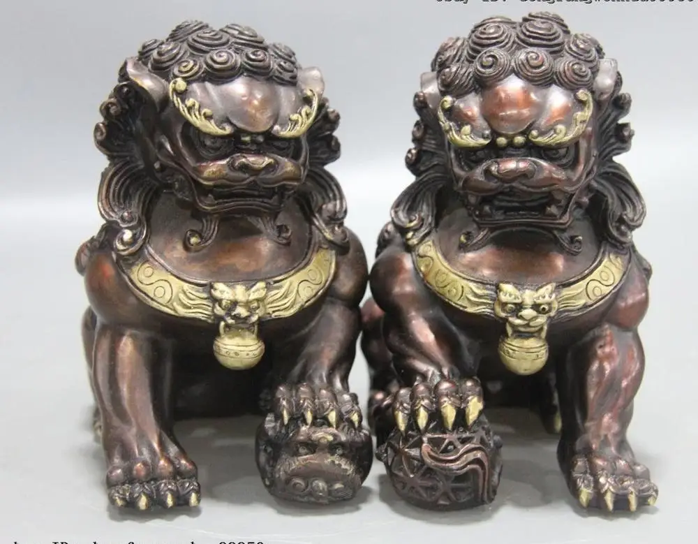 Chinese Royal Palace Copper Bronze Fengshui Fu Foo Dog Lion Guardian ...