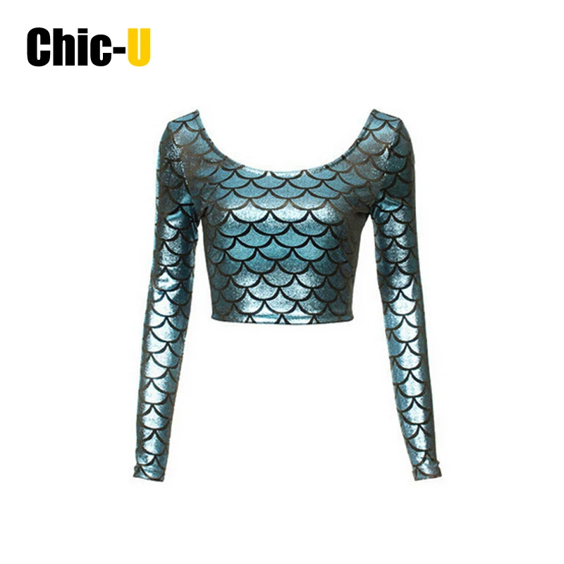 women crop tops summer sequins blue mermaid fish scales print long ...