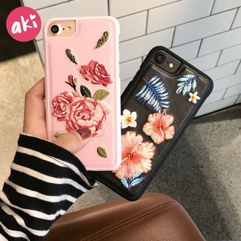 AKI Bordados Flores Case para iPhone 8 Plus 7 Fundas Caso PU Couro Duro ...
