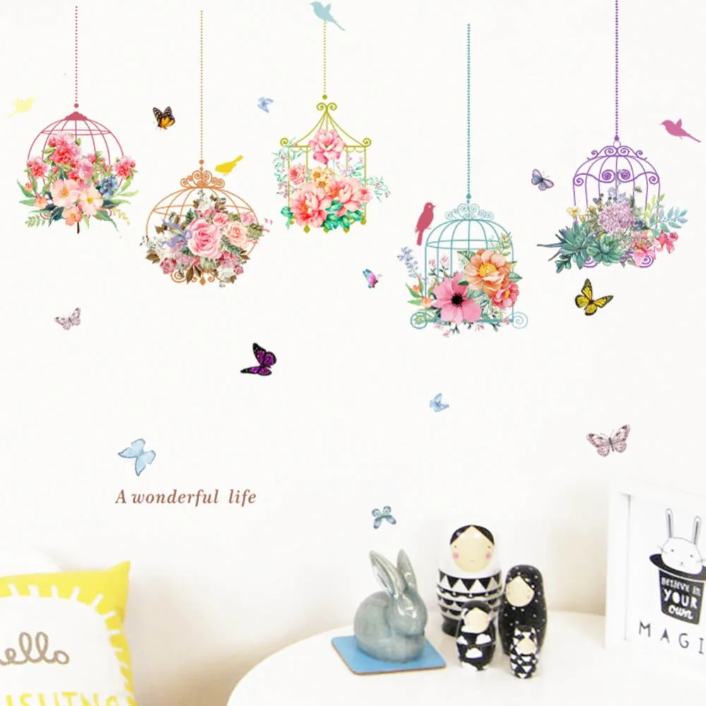 Colorful Flower Hanging Basket Wall Stickers for Living room Nursery ...
